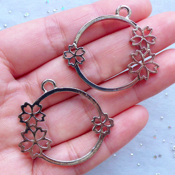 Cherry Blossom Open Bezel Charms | Round Open Backed Bezel Pendant wit ...