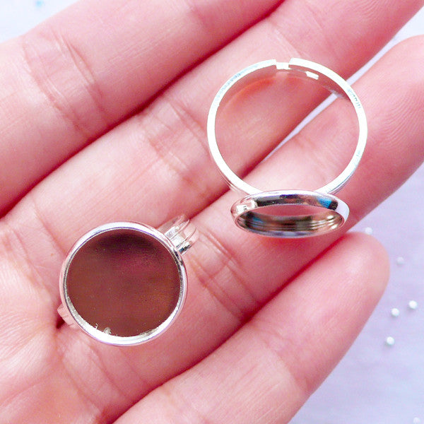 12mm Silver Ring Base with Round Bezel Tray | Adjustable Ring Blanks w ...