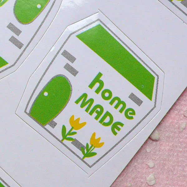 Home Made Sticker w/ Flower & House Drawing (20pcs / Green) Seal Stick ...