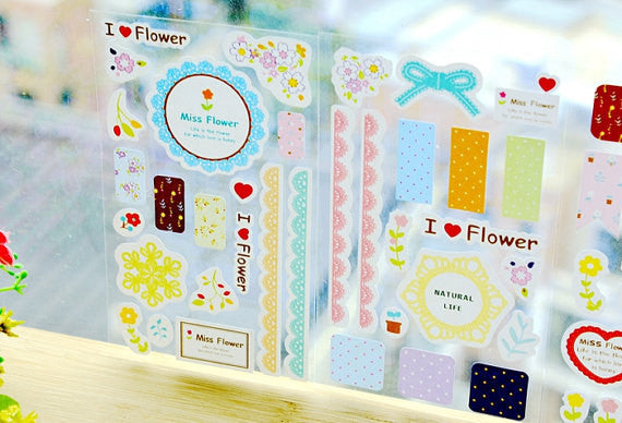 Deco Stickers (3 Sheets / Flower) Cute Scrapbooking Kawaii Diary Deco ...
