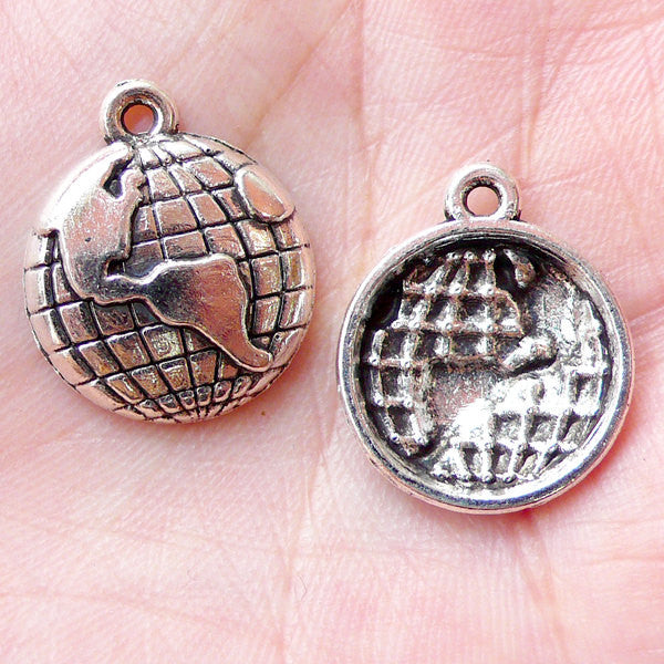 Earth Charms World Globe Charm (4pcs / 16mm x 19mm / Tibetan Silver) P ...