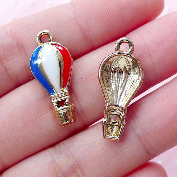 Colorful Hot Air Balloon Charms (3pcs / 10mm x 24mm / Gold) French Ena ...