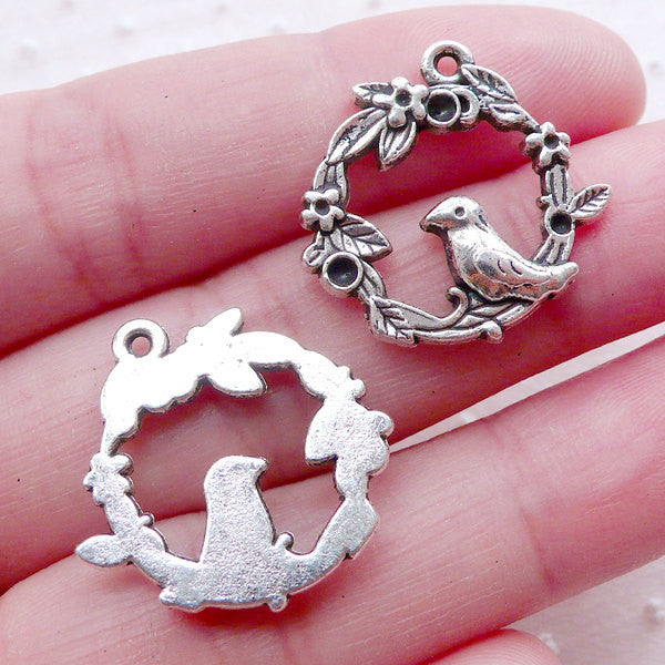 CLEARANCE Bird and Flower Wreath Charms (4pcs / 21mm x 21mm / Tibetan ...