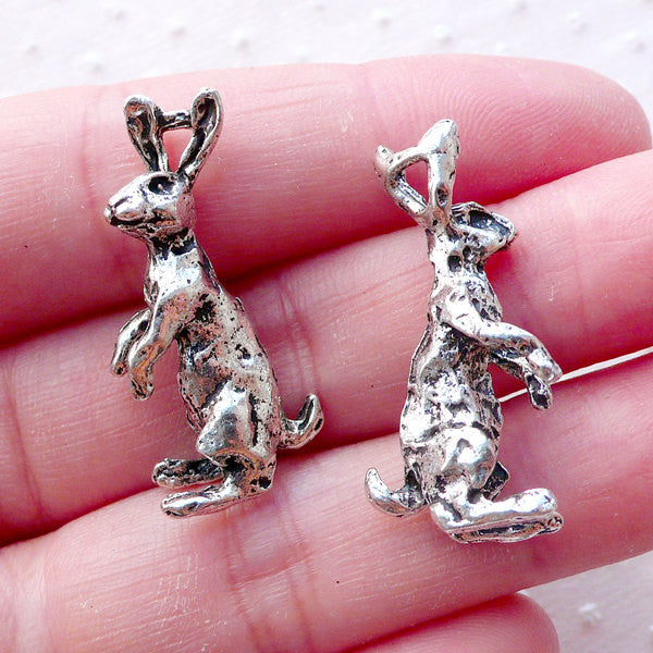 Silver Rabbit Charms / 3D Hare Pendant (2pcs / 14mm x 29mm / Tibetan S ...
