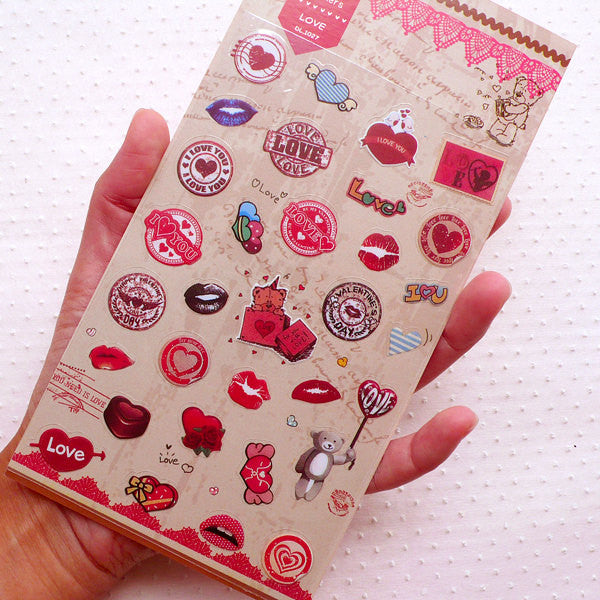 Love Heart Kiss Sticker / Transparent PVC Sticker (1 Sheet) Valentines ...