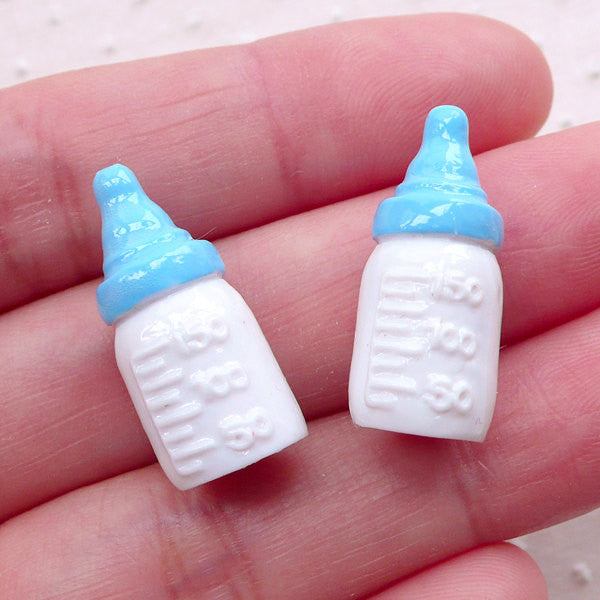 3D Baby Bottle Cabochons (2pcs / 11mm x 23mm / Blue) Baby Boy Shower E ...