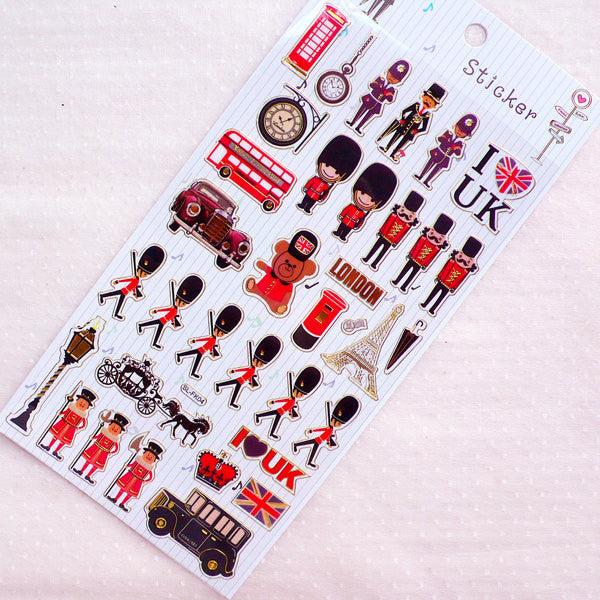 I Love UK Stickers with Gold Foil (1 Sheet / Queen's Guard, Telephone ...